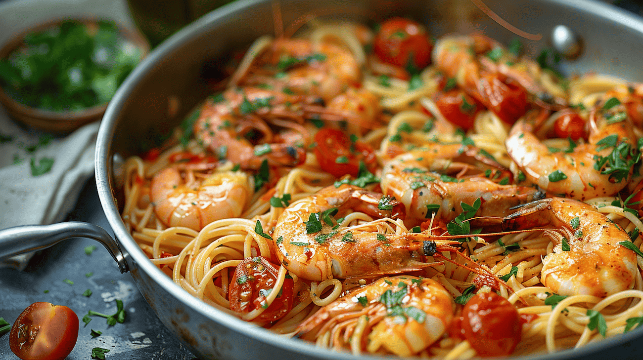 Linguine with Scampi Tomatoes and Vernaccia - Italian Cooking and Living